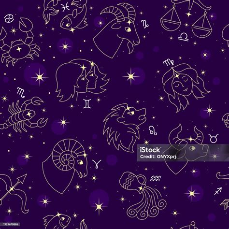 조디악 패턴 섬유 디자인 프로젝트 우주 별 쌍둥이 자리 염소 자리 수공 암 레오 최근 원활한 배경에 대한 별자리 기호 디자인에 대한 스톡 벡터 아트 및 기타 이미지 Istock