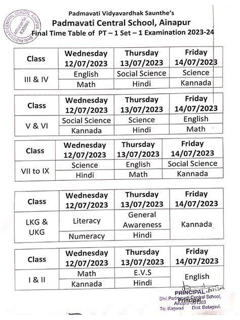 Final Time Table Of Pt 1 Set 1 Examination 2023 24 Pdf