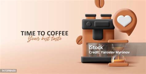 유리 시계와 머그잔이있는 커피 머신의 3d 그림 커피 배너 시간 3차원 형태에 대한 스톡 벡터 아트 및 기타 이미지 3차원 형태 카페 커피 마실 것 Istock