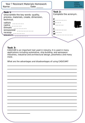 Ks3 Resistant Materials Homework Sheet 2 Teaching Resources