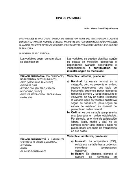 Tipo De Variables Iip Tipo De Variables Ms Marco David Yujra Choque Una Variable Es Una
