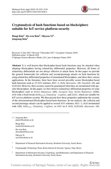 cryptanalysis of hash functions based on blockciphers suitable for iot
