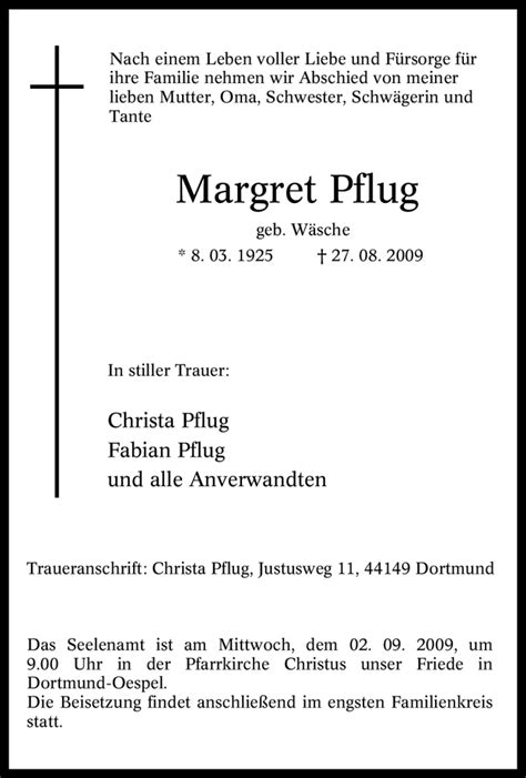 Traueranzeigen Von Margret Pflug Trauer In Nrw De