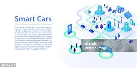 신재생 에너지와 It 기술로 구동되는 스마트 카 개념 와이드 웹 배너 스타일 레이아웃의 3d Isometric 벡터 인포그래픽 등측투영법에 대한 스톡 벡터 아트 및 기타