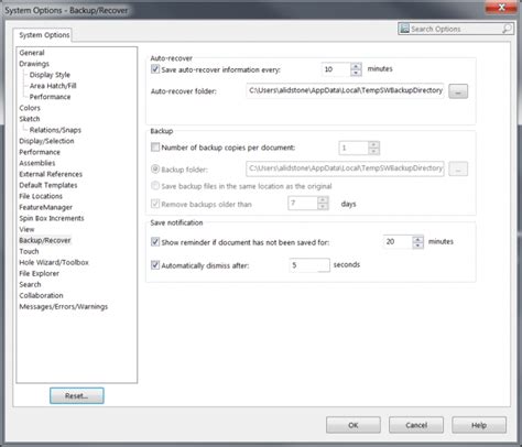 Solidworks Backup Recovery Settings Explained