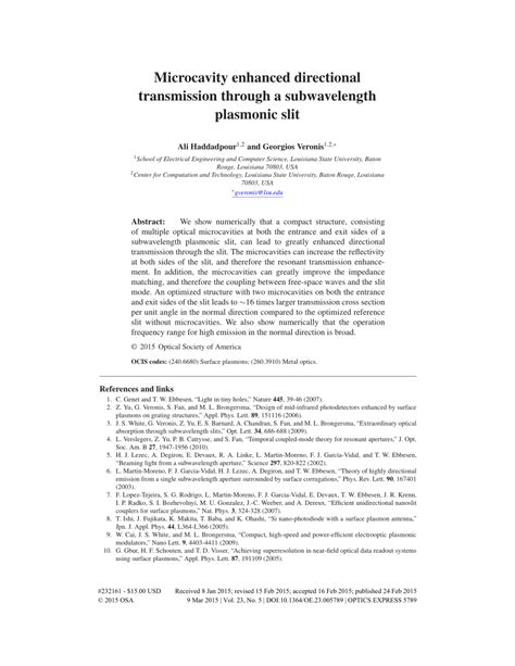 Pdf Microcavity Enhanced Directional Transmission Through A Subwavelength Plasmonic Slit