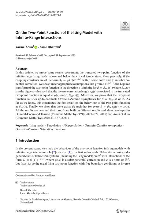 Pdf On The Two Point Function Of The Ising Model With Infinite Range