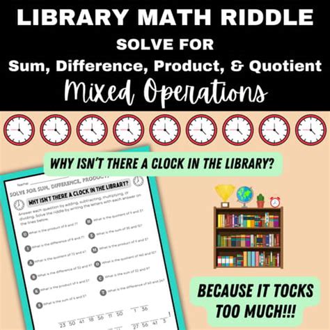 Library Math Riddle Solve From Words Sum Difference Product Quotient