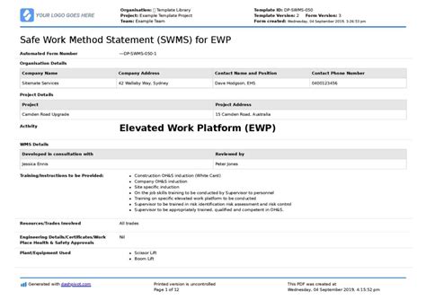 Ewp Elevated Work Platform Safe Work Method Statement Swms