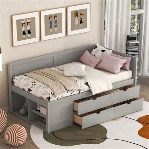 Harper And Bright Designs Gray Wood Frame Twin Size Daybed With Under Bed Shelves 4 Storage