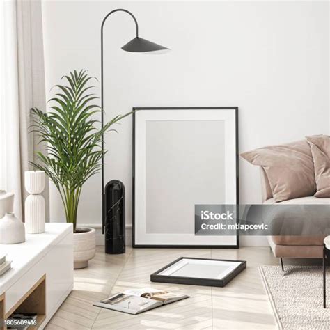 프레임 모형 Iso A 용지 크기 거실 벽 포스터 모형 집 배경이 있는 인테리어 모형입니다 모던한 인테리어 디자인 3d 렌더링 0명에 대한 스톡 사진 및 기타 이미지