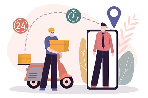 남성 택배는 고객을 위한 소포를 배달합니다 전화 화면의 클라이언트는 배달 앱에서 주문을합니다 빠른 배달 서비스 운송 회사 및 전자 상거래 Brand Name Smart