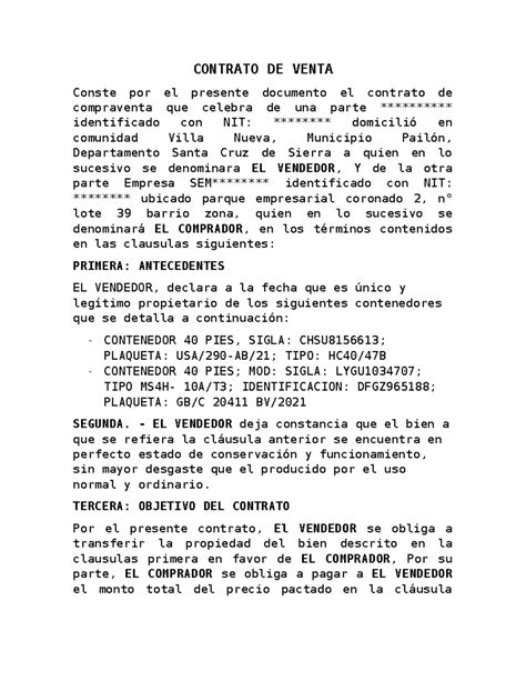 Contrato De Venta Maquinaria Contrato De Venta Conste Por El Presente