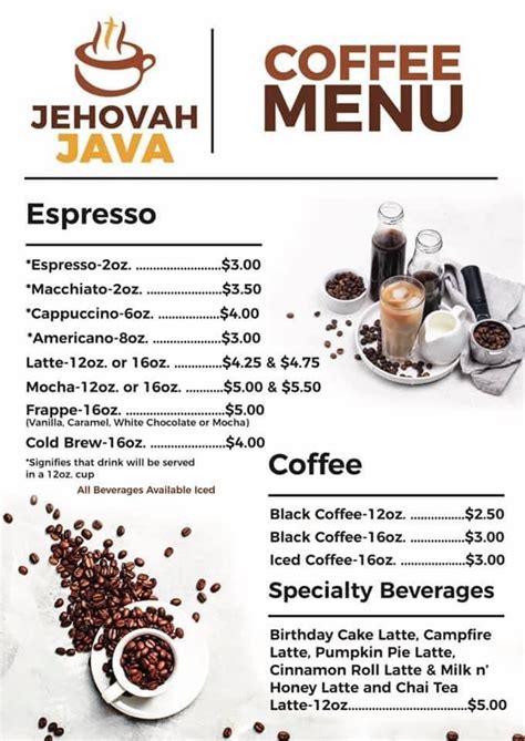 Menu At Jehovah Java Cafe Manchester McArthur St