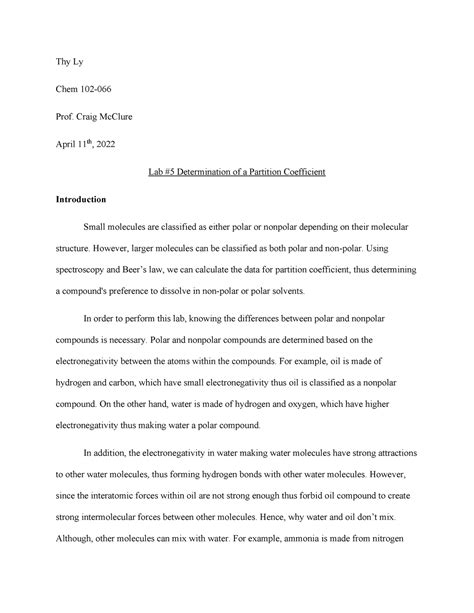 TLPartition Coefficient Lab Thy Ly Chem 102 Prof Craig McClure April 11th 2022 Lab 5 Studocu