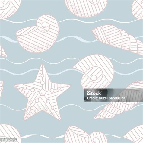 바다 조개 벡터 원활한 패턴입니다 질감 있는 조개껍데기 별 배경 여름 라인은 파란색 수중 빈티지 패브릭에 모양을 낙서하고 포장합니다 Unspecified에 대한 스톡 벡터