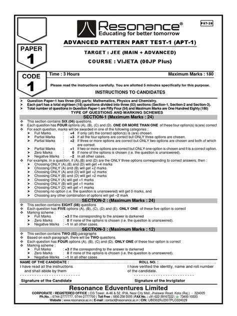 Paper Advanced Pattern Part Test 1 Apt 1 Pdf Question Acceleration