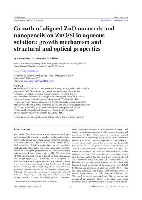 Pdf Growth Of Aligned Zno Nanorods And Nanopencils On Znosi In Aqueous Solution Growth