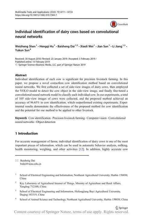 Individual Identification Of Dairy Cows Based On Convolutional Neural Networks Request Pdf