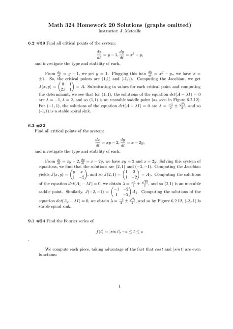 Homework 20 Solutions Elementary Differential Equations Math 524 Docsity