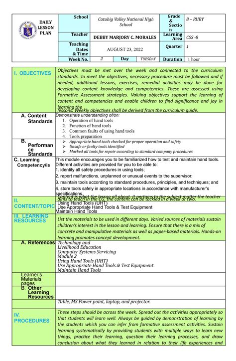 Lp Css Q1w2 Lesson Plan Daily Lesson Plan School Catubig Valley