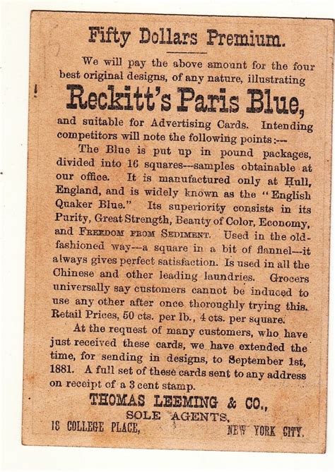 Reckitts Paris Blue Hull And London Kite Thomas Leeming And Co Ny Vict