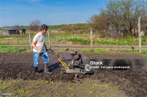 화창한 날에 경작자 쟁기 와 웰링턴에서 남자 교외에 부엌 정원을 쟁기 농부 토지 재배 토양 경작 정원에서 봄 작업 원예 개념 흙에 대한 스톡 사진 및 기타 이미지 Istock