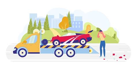 절망에 빠진 남자가 자동차와 함께 견인 트럭 근처에 서 있다 걱정하는에 대한 스톡 벡터 아트 및 기타 이미지 걱정하는 견인 남자 Istock