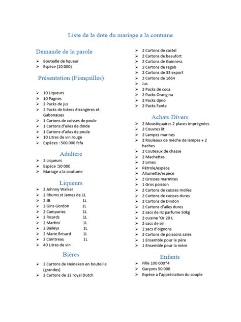 Liste De La Dote Du Mariage A La Coutume Pdf