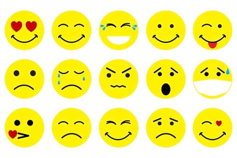 다른 웃는 재미있는 만화 캐릭터 만화 이모티콘 세트 벡터 이모티콘 세트 벡터 일러스트 레이 션 프리미엄 벡터