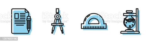 지우개 드로잉 나침반 및 유리 테스트 튜브 플라스크를 측정하기 위한 라인 Pro트랙터 그리드를 화재 아이콘에 표시합니다 벡터 각도에 대한 스톡 벡터 아트 및 기타 이미지