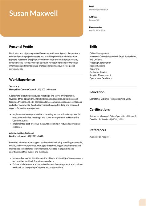 Secretary Cv Example Free Writing Guide