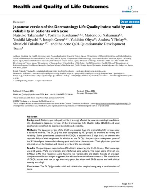 Pdf Japanese Version Of The Dermatology Life Quality Index Validity And Reliability In
