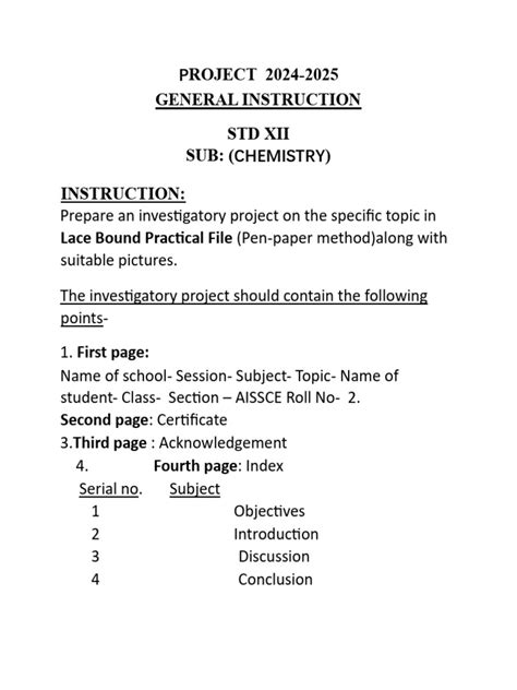 Project 2024 2025 General Instruction Std Xii Sub Chemistry Instruction Lace Bound Practical