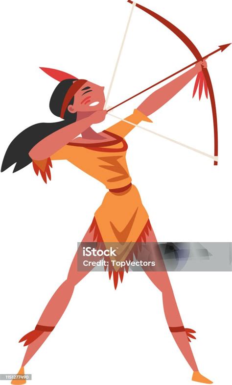 활을 목표로 아름 다운 아메리카 인디언 소녀 전통적인 민족 옷과 머리 띠와 깃털 벡터 일러스트 레이 션에 젊은 여자 만화에 대한 스톡 벡터 아트 및 기타 이미지 Istock