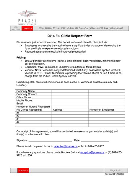 Fillable Online Praxes 2014 Flu Clinic Request Form Bpraxesb Medical Group Praxes Fax Email