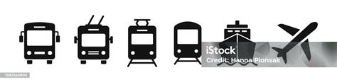 전송 아이콘이 설정되었습니다 버스 트램 트롤리 버스 기차 선박 및 비행기 대중 여행 및 배달 운송 아이콘입니다 벡터 그림입니다 개념에 대한 스톡 벡터 아트 및 기타 이미지