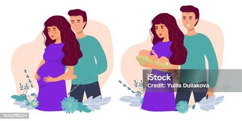 임신과 모성에 대한 삽화 세트 아빠와 함께 배를 가진 임산부 갓 태어난 아기를 가진 아가씨 플랫 스톡 벡터 그림입니다 가족에 대한 스톡 벡터 아트 및 기타 이미지 Istock