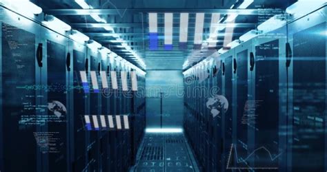 Data Processing Animation Over Futuristic Server Room With Digital