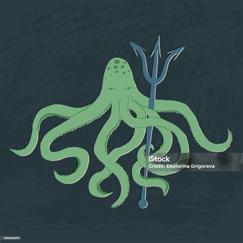 판타시 괴물 문어 삼지창 마법의 수중 생물과 바다의 왕 동화 만화 캐릭터 깊은 바다 주민 손으로 그린 벡터 그림입니다 문어에 대한 스톡 벡터 아트 및 기타 이미지 Istock