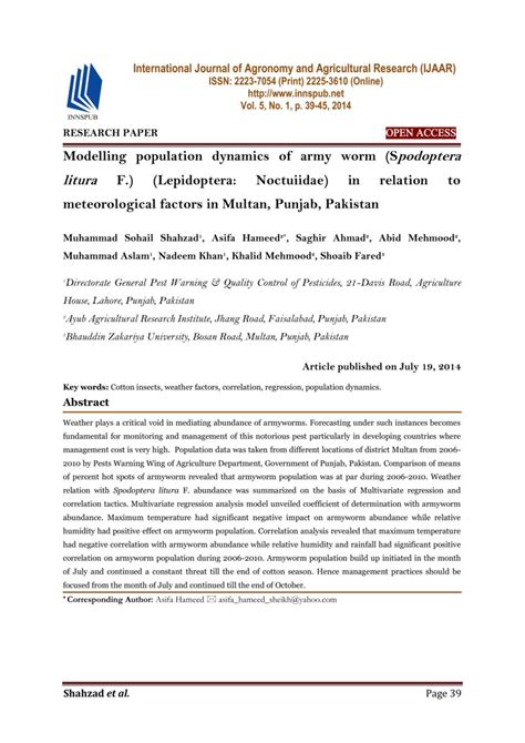 Modelling Population Dynamics Of Army Worm Spodoptera Litura F