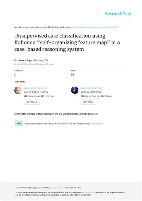 Pdf Unsupervised Case Classification Using Kohonen Self Organizing Feature Map In A Case Based