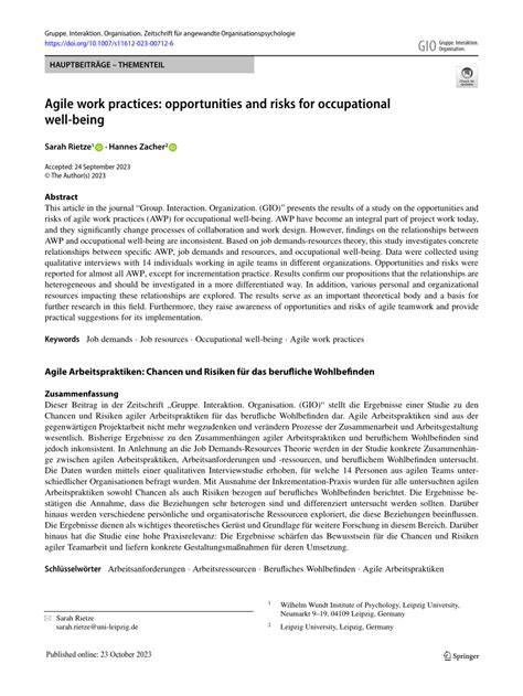 Pdf Agile Work Practices Opportunities And Risks For Occupational Well Being