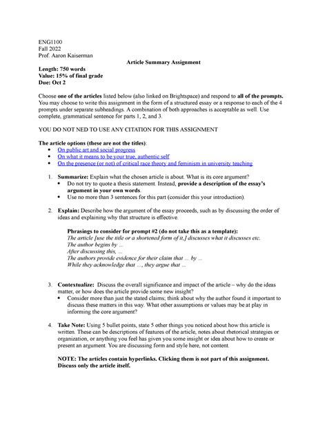 Article Summary Assignment Eng1100 Fall 2022 Eng Fall 2022 Prof Aaron Kaiserman Article