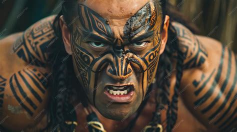 Detailed View Of A Maori Warrior Performing A Traditional Haka