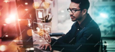 Premium Photo Man Office And Night With Overlay Laptop And Web Design Innovation By 3d