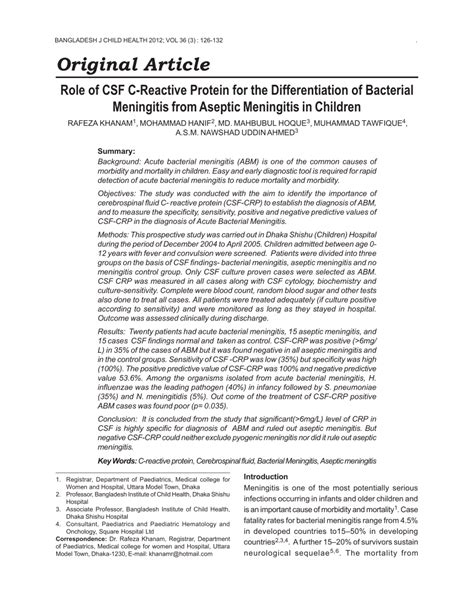 Pdf Role Of Csf C Reactive Protein For The Differentiation Of Bacterial Meningitis From