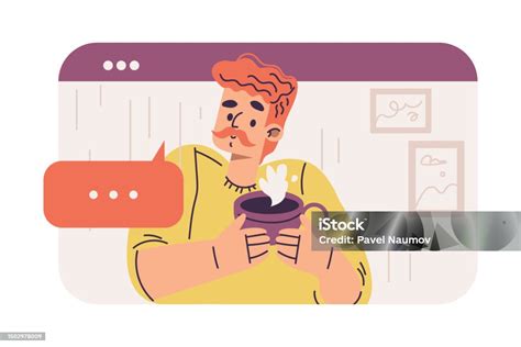 콧수염을 기른 남자 캐릭터와 뜨거운 커피 컵이 있는 웹 창에서 누군가와 이야기하는 가상 통신 벡터 일러스트레이션 개성 개념에 대한 스톡 벡터 아트 및 기타 이미지 Istock