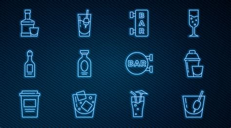 세트 라인 칵테일 블러디 메리 셰이커 바와 거리 간판 알코올 음료 럼 샴페인 병 위스키와 유리 그리고 아이콘 벡터 0명에 대한 스톡 벡터 아트 및 기타 이미지 Istock