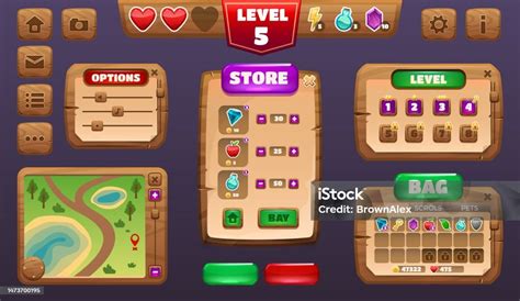 게임 Ui 키트 만화 메뉴 및 인터페이스 생성자 자산 Rpg 게임 요소 맵 레벨 캐릭터 인벤토리 업적 테이블 벡터 세트 0명에